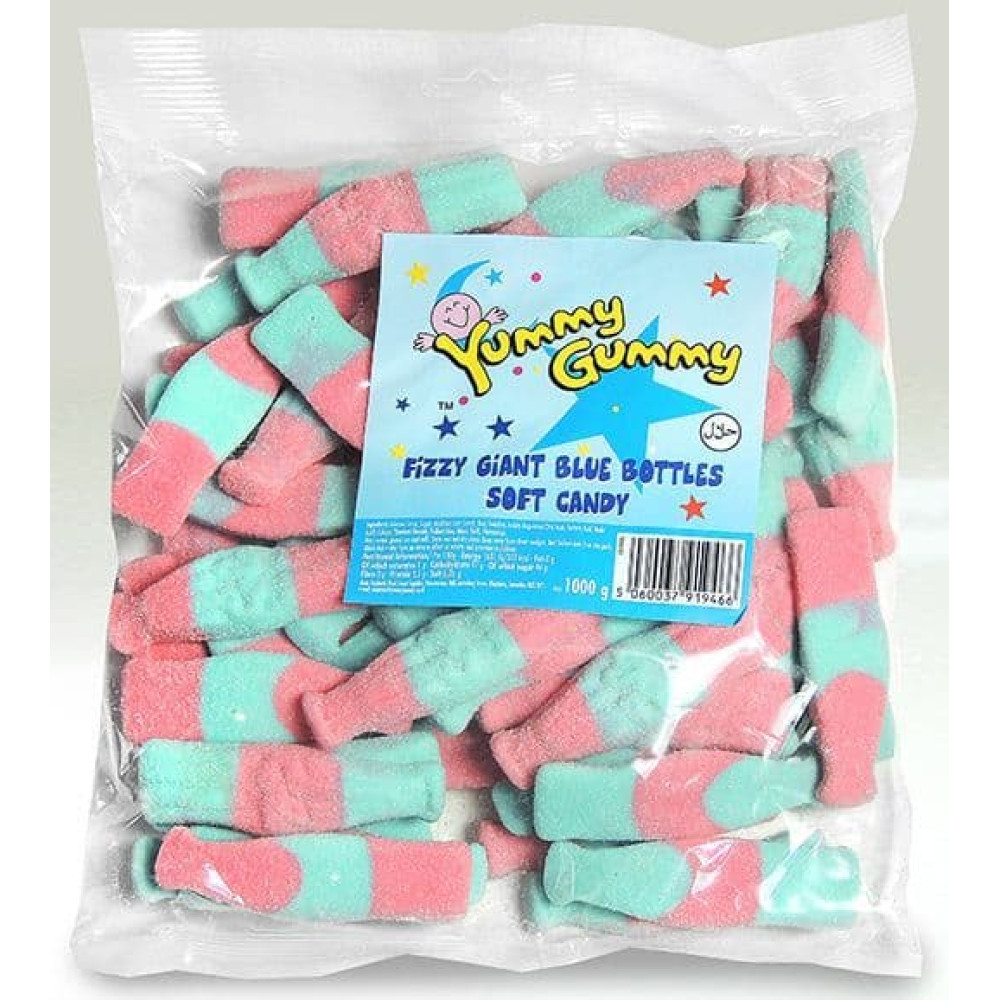 Yummy Gummy Giant Fizzy Blue Bottles 1Kg Bag – Wholesale in Preston