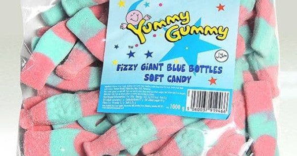 Yummy Gummy Giant Fizzy Blue Bottles 1Kg Bag – Wholesale in Preston